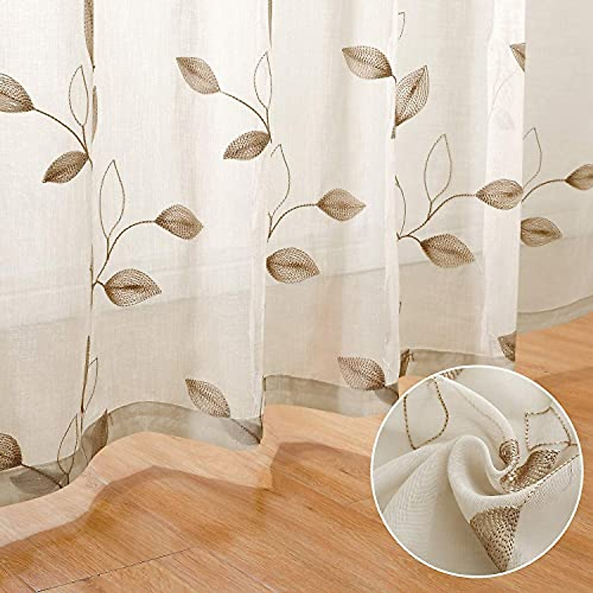 HOMEIDEAS Taupe Sheer Curtains 52 X 84 Inches Long 2 Panels Beige Embroidered Leaf Pattern Pocket Faux Linen Floral Semi Sheer Voile Window Curtains/Drapes for Bedroom Living Room