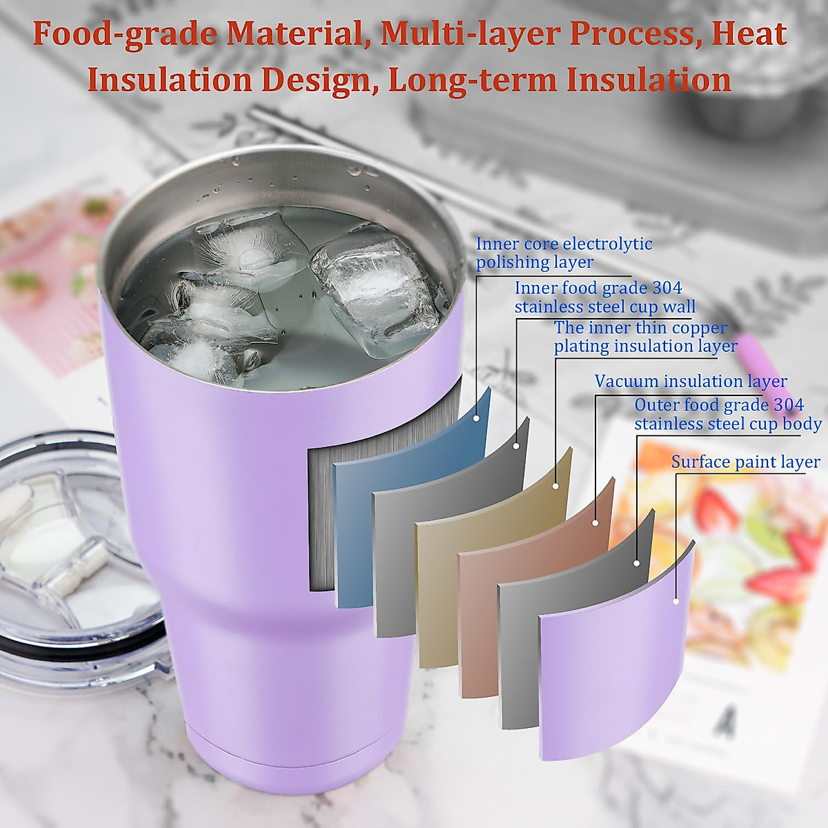 30 oz Tumbler with Lids and Straws,18/8 Stainless Steel Vacuum Insulated Tumbler,Insulated Coffee Mug Water Cup with Leak-Proof Straw Lid & Flip Lid,3 Metal Straws,1 Cleaning Brush(Sparkle White)