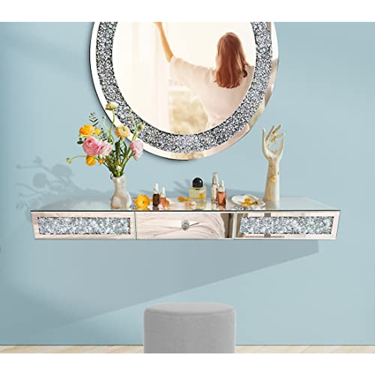 Mirrored Furniture Wall Shelf with Drawer, Crystal Diamond Floating Showcase, Silver Mirror Crushed Diamond Decorative Dressing Table, Gorgeous Bling TV Set, Wall Art Décor,31.5" L×7.9" W×3.1" H