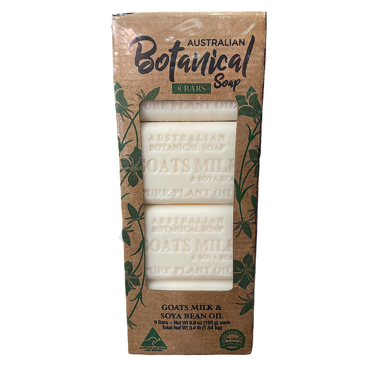Australian Botanical Goats Milk Soap with Soya Bean Oil, Net Wt. 3.4 lb, 6.8 Ounce Bar Soap, Suitable for all Skin Types Pack of 8, Packaging May Vary