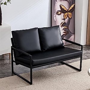 Uunquee Mid-Century Modern Loveseat Sofa,PU Leather 2 Seater Sofa Chair with 2 Pillows,Black Upholstered Accent Chair with Arms for Living Room,Office