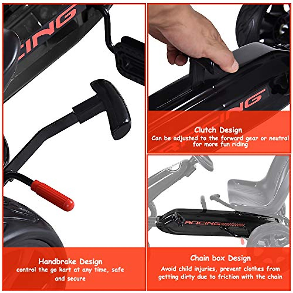 HONEY JOY Pedal Go Kart, 4-Wheel Off Road Pedal Car w/Handbrake & Clutch, 2-Position Adjustable Seat, Ride On Go Cart for Kids, Gift for Boys Girls(Black)