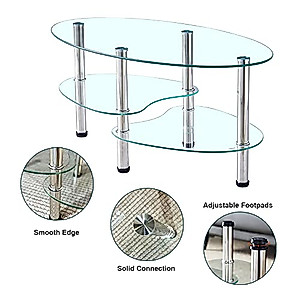 Oval-Shaped Glass Tea Table for Office, 3-Tier Modern Coffee Table, End Table for Living Room (Clear)