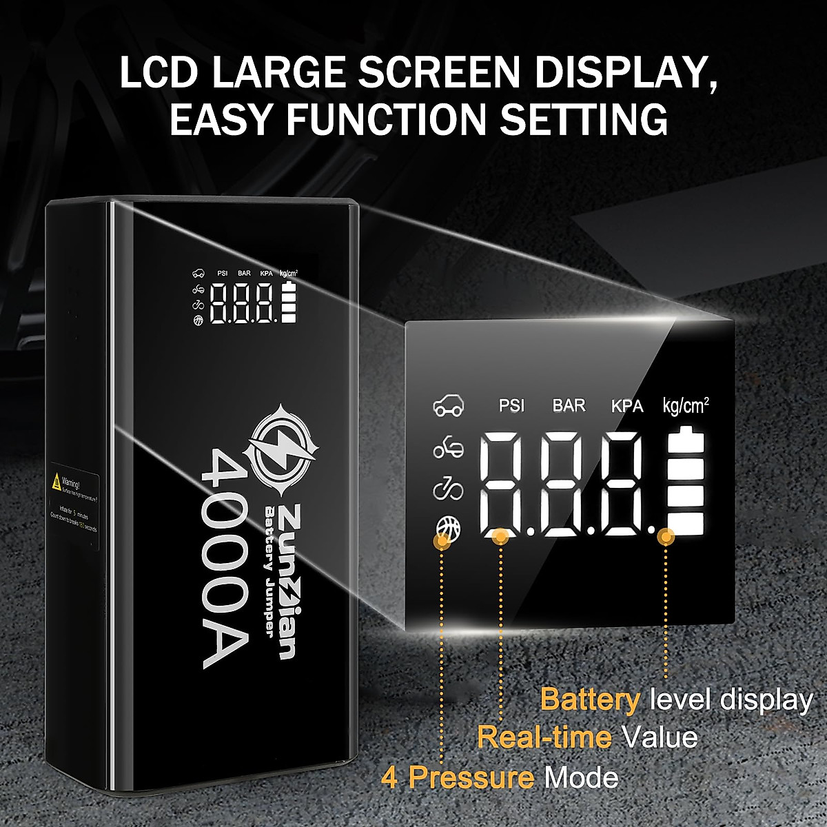 Jump Starter, 4000A Battery Jumper Charger 150PSI Air Compressor, Portable Jump Starter, 12V Lithium Jump Box Battery Power Pack(10.0L Gas/8.0L Diesel), Jumper Cables, QC 3.0, Flashlight, LCD Display