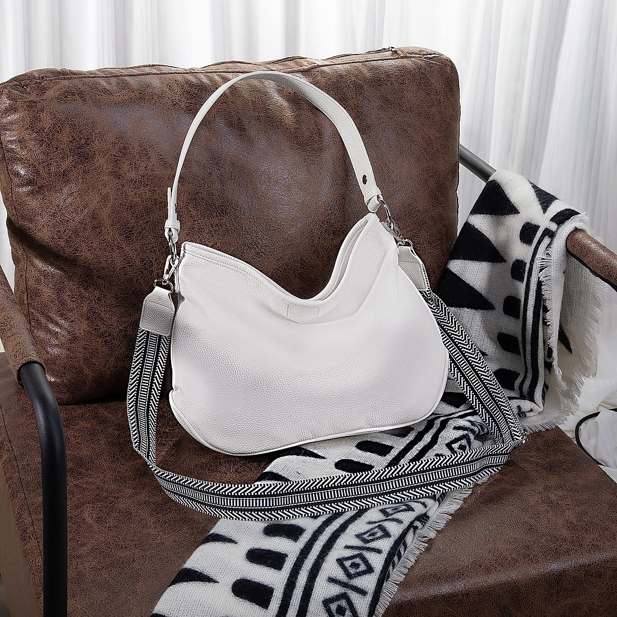 Montana West Soft Hobo Bags for Women Purses and Handbags Top Handle Shoulder Bags with Adjustable Guitar Strap MWC-085BWT