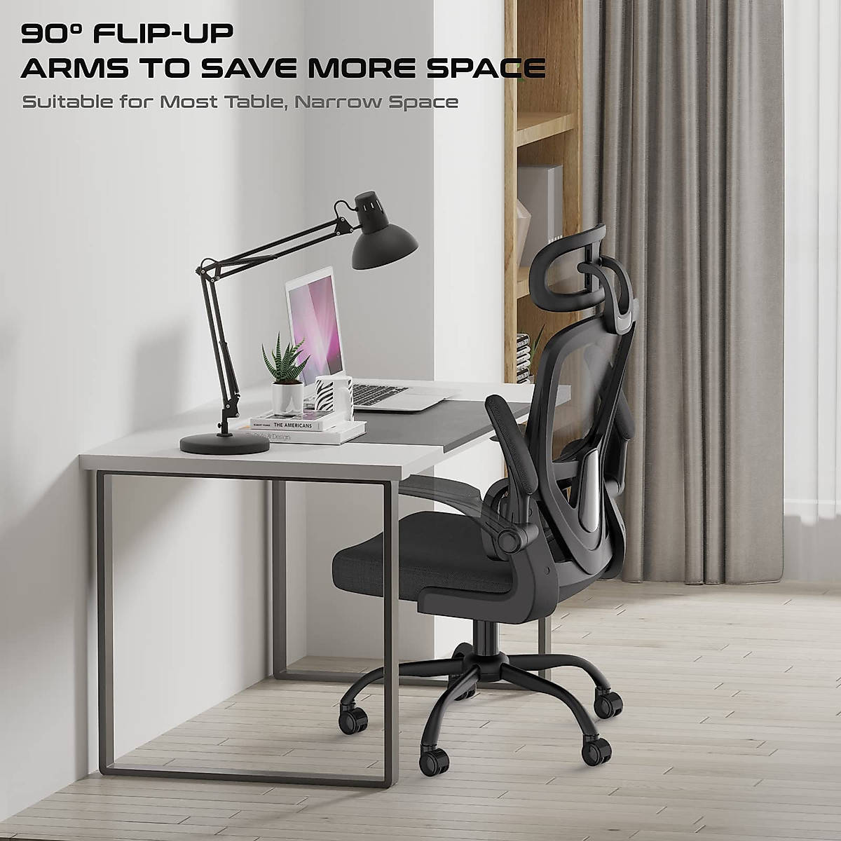 Laziiey Home Office Desk Chairs Ergonomic Chair with Lumbar Support Flip Up Arms Mesh Computer Chair with Comfortable Wide Seat Adjustable Headrest (Black)