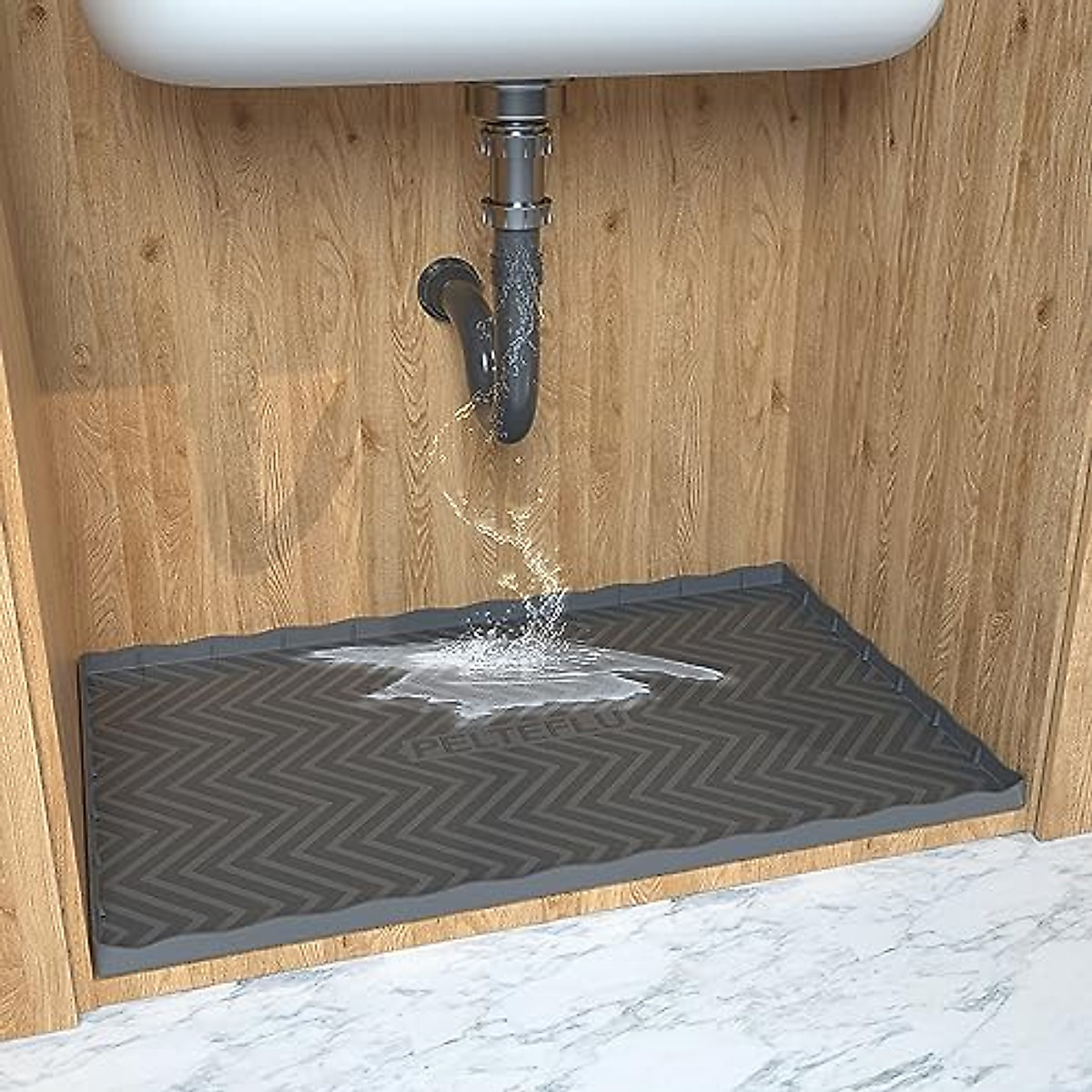 PELTEFLU Under Sink Mat, 34" x 22" Waterproof Under Sink Mats for Kitchen Bathroom, Flexible Silicone Rubber Under Sink Liner with Drain Hole, Thick Under Sink Mat Protect for Drips Leaks - Grey