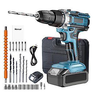 DEWIN Cordless Power Drill Set, 21V Electric Drill with Battery and Charger, 2 Variable Speed, 24 piece tool Portable Drill With tool box blue