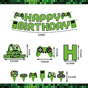 Green Video Game Party Supplies - 201Pcs Gamer Gaming Party Decoration For Boys Birthday Party - Table Cover, Plates, Cups, Napkins, Utensils, Hanging Swirls, Birthday Banner, Cupcake, Topper Cake Topper & Balloons Serves 16 Guests