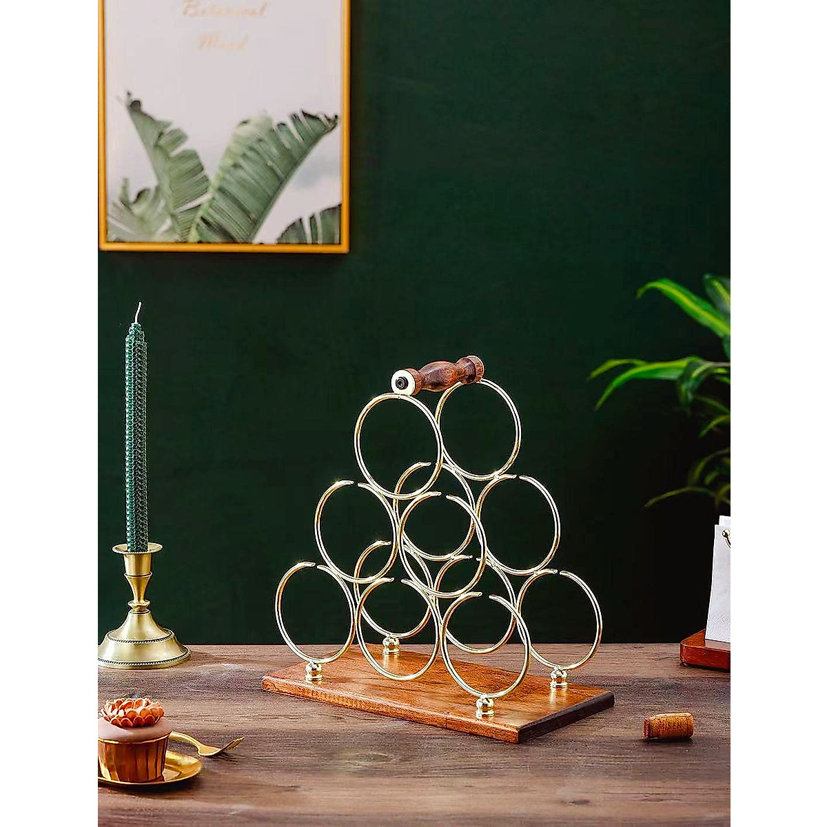 Fadak Countertop Wine Rack, Tabletop 6 Bottles Wood Wine Holder, Sturdy Handle, 3-Tier Rustic Classic Design, Simple Assembly, Wood & Metal (Gold)