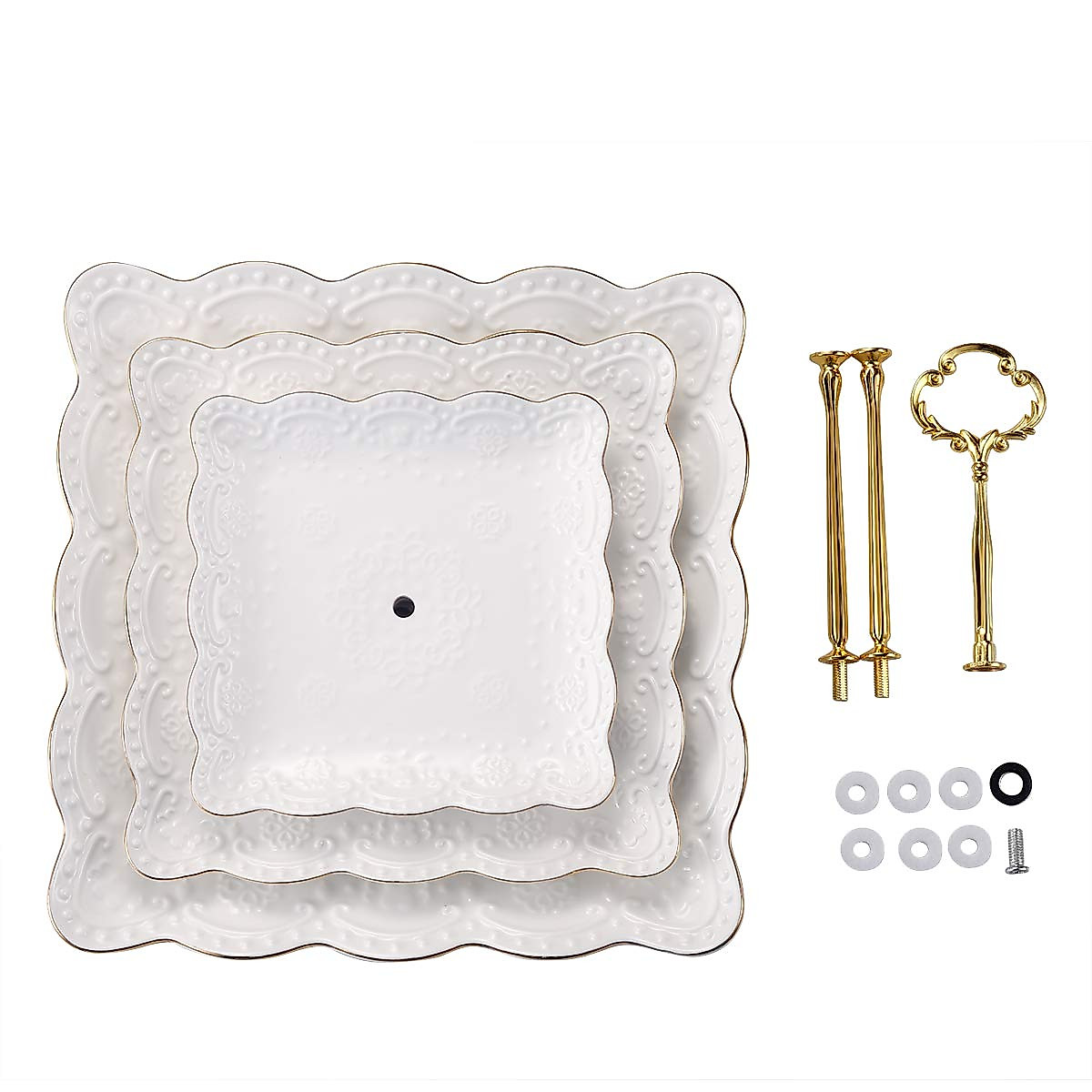 Sumerflos 3-Tier Square Porcelain Cake Stand, White Rimmed with Gold Embossed Cupcake Dessert Stand - Tiered Serving Tray for Tea Party and Show