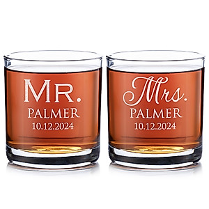 Lifetime Creations Pair (2) Engraved Personalized Mr. & Mrs. Whiskey Glasses 10.5 oz - Old Fashioned Rocks Glass Wedding Gift for Bride & Groom, Newlywed Engagement Gift, Dishwasher Safe