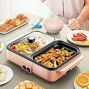 Electric Mini Grill with Hot Pot 2 in 1 Portable Electric Hot Pot Barbecue Grill Non-Stick Teppanyaki Pan 110V Indoor Hotpot Grill Korean BBQ Combo (11.41x 8.66 x 4.33 inch, Pink)