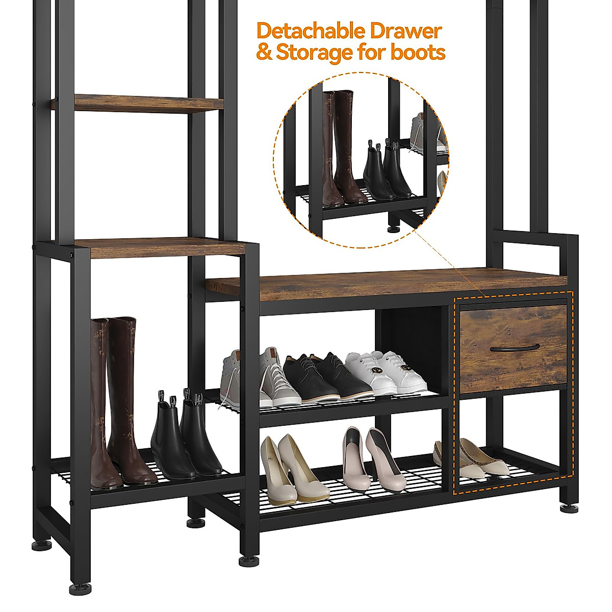 WODRAWER Hall Tree for Entryway 43", Bench with Shoe Storage, Large Coat Rack Shoe Bench with 5 Tier Shelves, 5 in 1 Design Front Door Shoe Rack and Wall Rack Hooks, and 2 Drawers (Rustic Brown)
