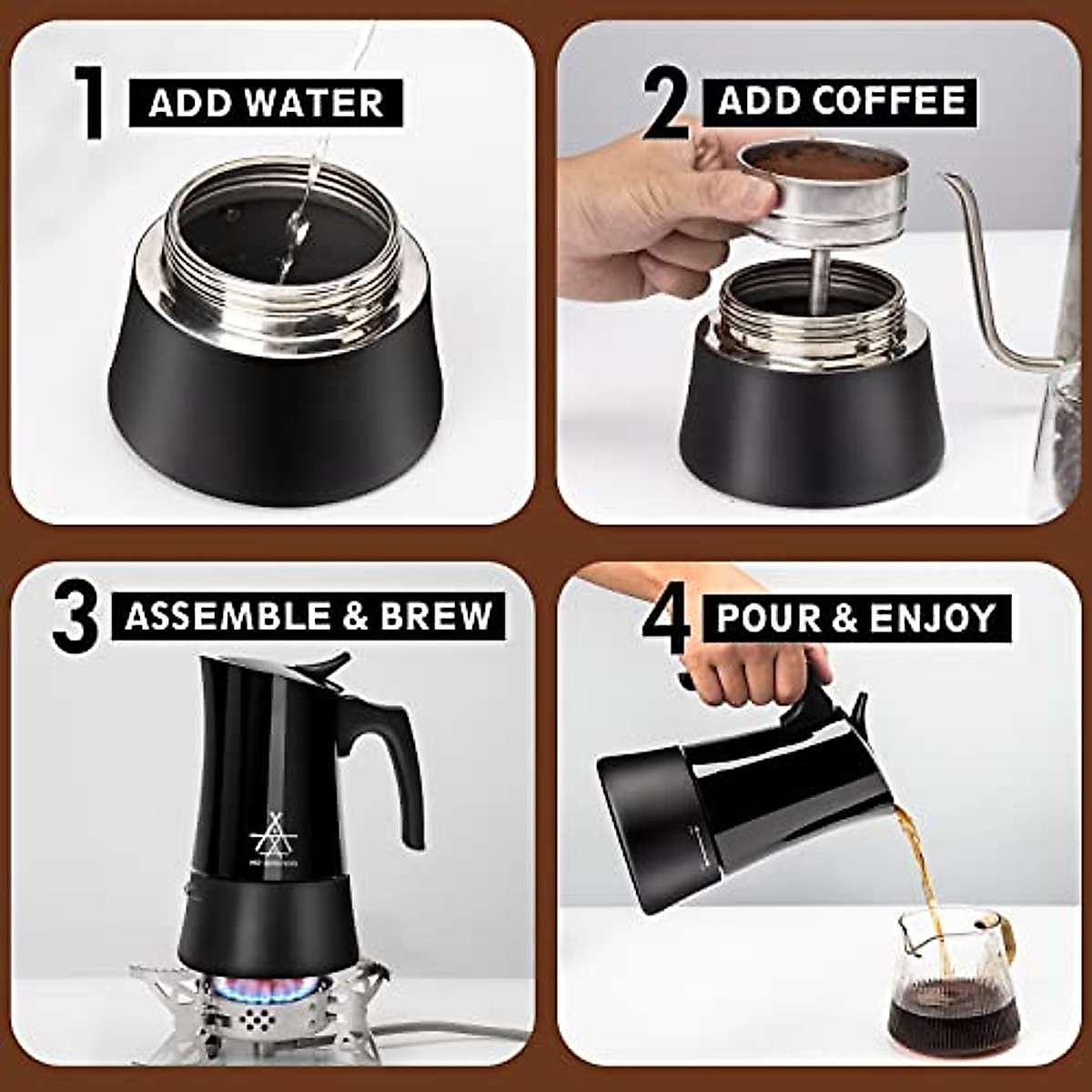 Alocs Stovetop Espresso Maker, Italian Coffee Maker Moka Pot for Classic Mocha & Cuban Coffee, Stainless Steel Greca Coffee Maker, Cafeteras, Brews 9 Espresso Cups (15.2 Oz) in Stylish Black