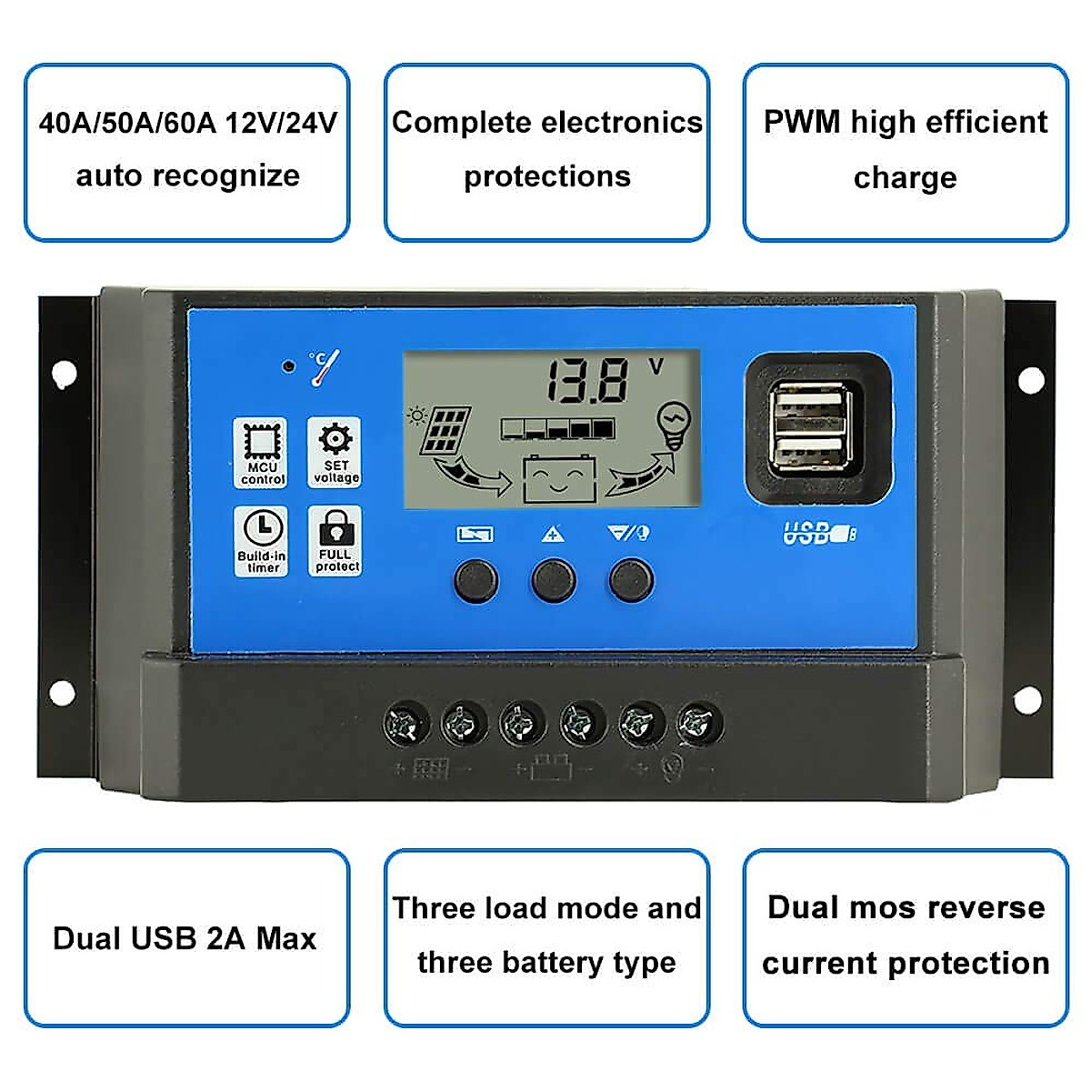 60A Solar Charge Controller Solar Panel Charger Controller 12V/24V, Adjustable LCD Display with 5V Dual USB Timer Setting with 2 PCS Solar Connectors Y Branch Parallel Adapter Cable for Solar Panel