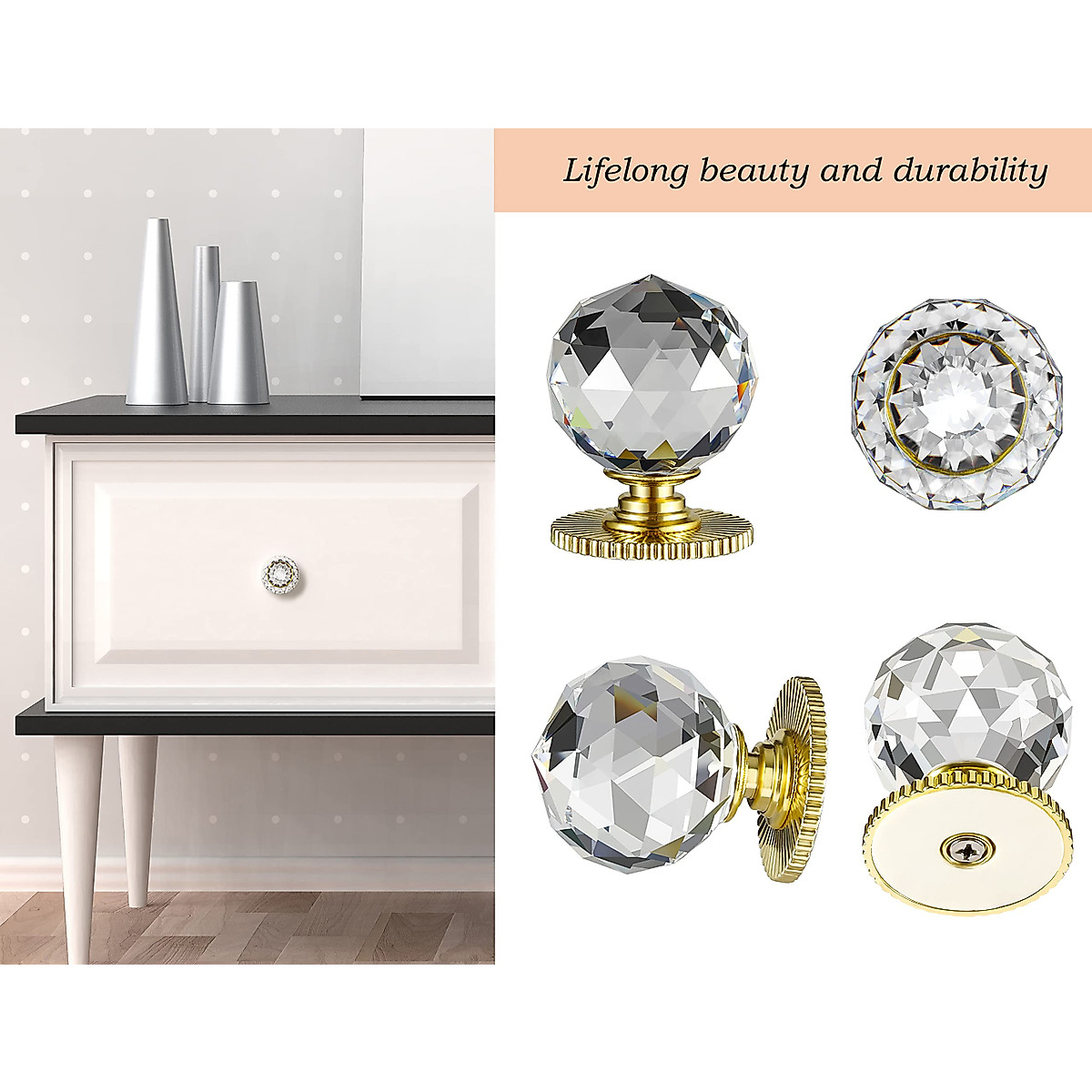 Stargallery Round Crystal Self Stick Knobs 1-3/5 Inch 40mm Diameter Crystal Knobs Cabinet Knobs Replacement Knob with Adhesive for Cabinet Mirror Cupboard Window Glass Sliding Door Drawer (2, Sliver)