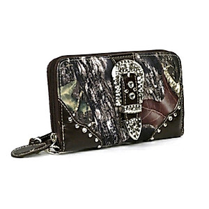 DH JP Camo Bling Rhinestone Belt Buckle Womens Western Zipper Wristlet Wallet (Brown)
