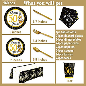 50th birthday decorations for men women - cheers to 50 years black gold Birthday supplies, Plates and Napkins, Cups, Knives, Forks, Spoons Included, tablecloth, Tableware for 24 Guests,Total 169pcs
