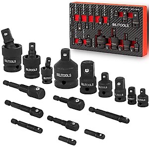 BILITOOLS Socket Adapter Set 17 Piece includes Reducer, Universal Joint Socket Set, Drill Adapter 1/4" 3/8" 1/2"