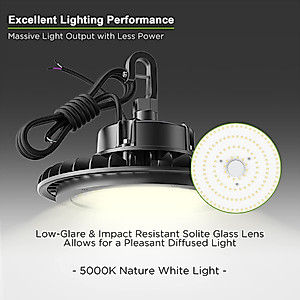 UFO LED High Bay Light 200W LED Warehouse Lights IP65 for Wet Location LED Commercial Area Lighting Fixture for Gym Factory Warehouse ETL Certified 5' Cable 5000K 1-10V Dimmable 28000LM Black 2Pack