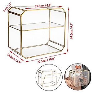 ELLDOO 2 Tier Clear Glass Storage Box, Gold Jewelry Makeup Organizer Box, Decorative Tower Box Display Case for Collectibles Trinket Perfume Lipstick Figure Toy