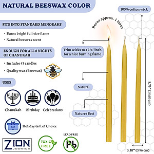 Quality Natural Beeswax Hanukkah Candles Set of 45 - Standard Size Chanukah Candle 5.75" Tall - Premium Bee Wax Chanukkah Candles Fits Standard Menorahs by Zion Judaica