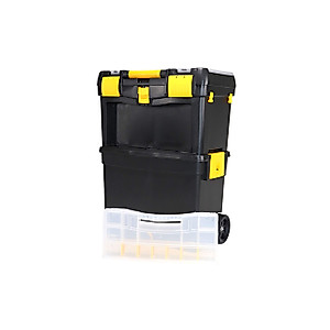 Erie Tools Portable Rolling 2-Tiered Organizer Storage Box with Foldable Auto-Locking Handle and Detachable Storage Compartment for Crafts Toys Fishing Tools