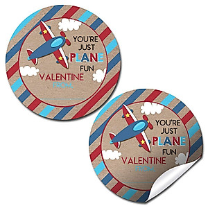 You’re Just Plane Fun Airplane Valentine Party Favor Sticker Labels for Boys, 40 2" Party Circle Stickers by AmandaCreation, Great for Classroom Valentines, Envelope Seals, Gifts & Treats