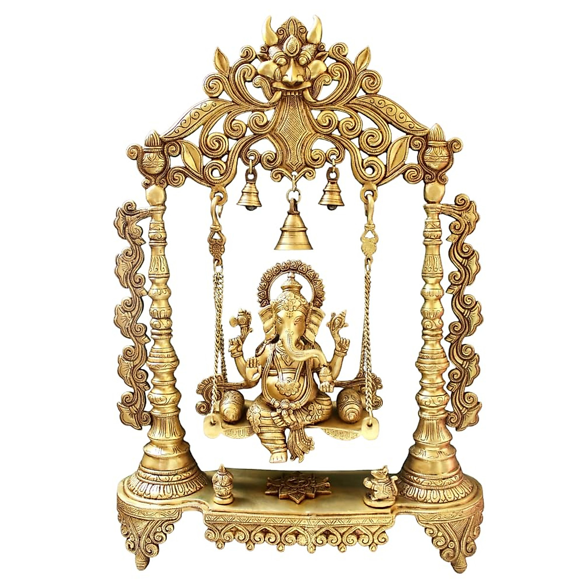 ROYALSTUFFS Brass Ganesha Idol Murti Sitting on Jhula for Worship Temple Home, 66 cm Height