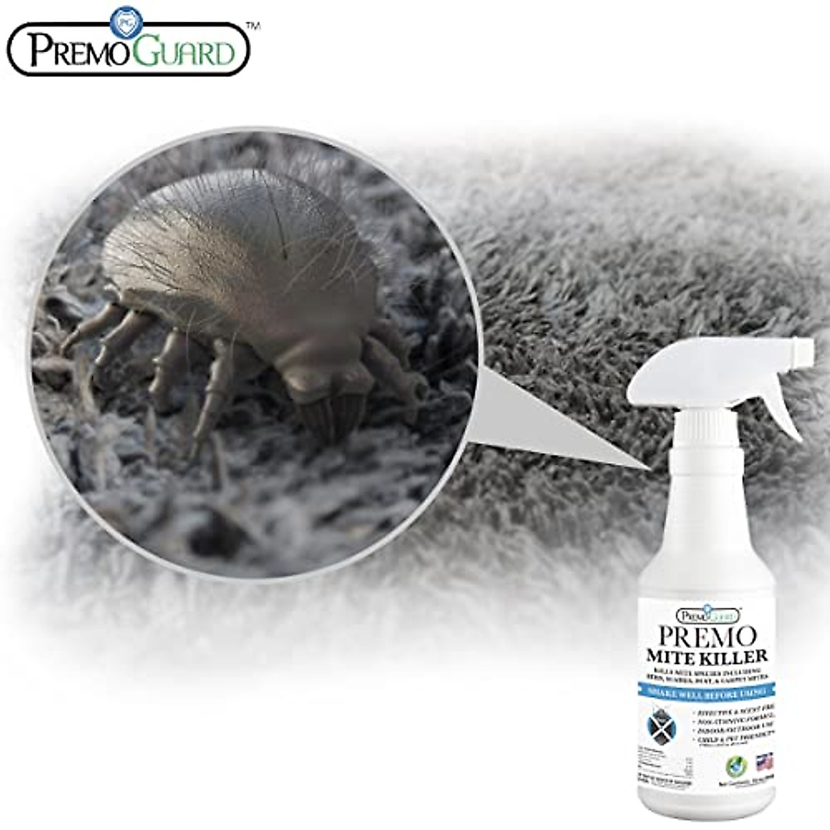 Mite Killer Spray by Premo Guard 32 oz – Treatment for Dust Spider Bird Rat Mouse Carpet and Scabies Mites – Fast Acting 100% Effective – Child & Pet Safe – Best Natural Extended Protection