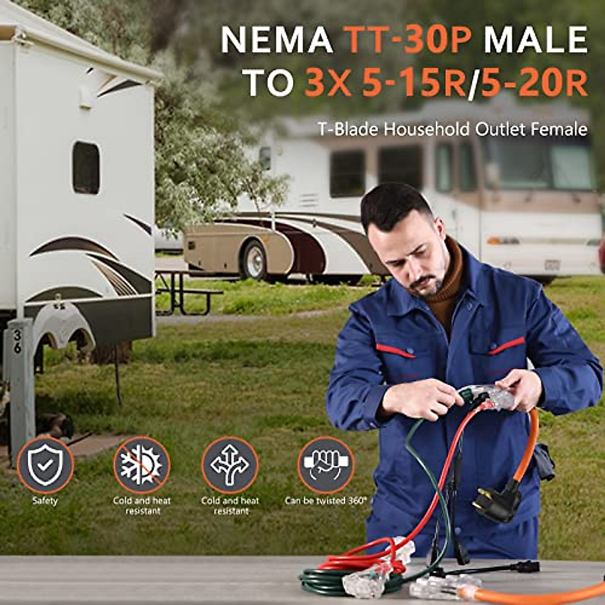 boeemi 30 Amp to 110 Adapter Rv Plug Adapter,30 Amp TT-30P to 3X 5-15R/5-20R 15 Amp/20 Amp RV Power Adapter, STW 10/3 with LED Power Indicator (12 inch)