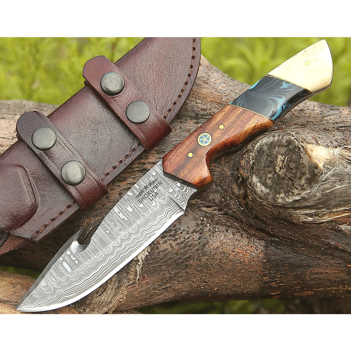 SHOKUNIN USA CaptainHook Hunting Knife High Carbon Steel Damascus Fixed Blade Full Tang Survival Tactical Knife with Sheath and Non-Slip Ergonomic Handle for Outdoor Camping