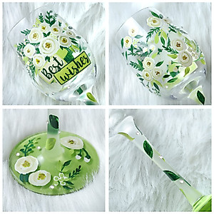 NymphFable Hand Painted Wine Glasses 15oz Rose Flower Wine Glass,Green Wine Glass Birthday Wedding Engagement Gifts for Women