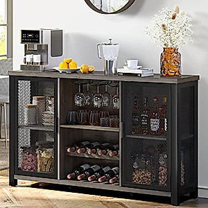 YITAHOME Industrial Sideboard Buffet Cabinet w/Wine Rack, Glass Cups Holder, Rustic Wine Cabinet Bar Cabinet Mesh Door for Liquor and Glasses, Liquor Cabinet Bar for Home (55 Inch, Dark Oak)