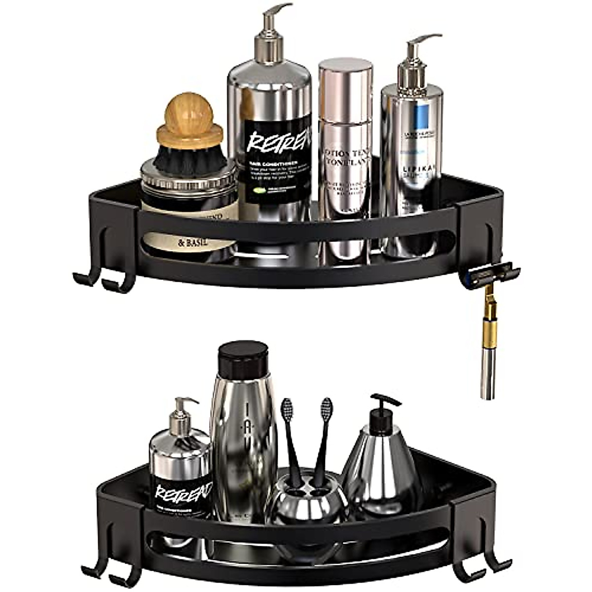 GeekDigg 2-Pack Shower Shelves for Tile Walls, Aluminum Corner Shower Basket (Not brushed nickel) & 2 Pack Corner Shower Caddy, Adhesive Bathroom Shelf Wall Mounted with Razor Holder