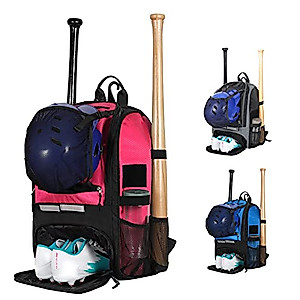 Baseball Softball Bag for Girls and Adults, Baseball Bag with Separate Shoe Compartment, Large Baseball Backpack, Softball Backpack with Fence Hook, Baseball Bat Bag with 4 Side Sleeves Pink