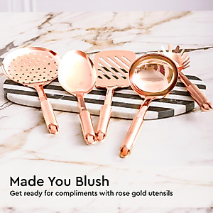 Copper Cooking Utensils for Cooking/Serving, Rose Gold Kitchen Utensils -Stainless Steel Copper Serving Utensils Set 5 PCS-Copper Ladle, Serving Spoon, Pasta Serving Fork, Spatula, Kitchen Skimmer