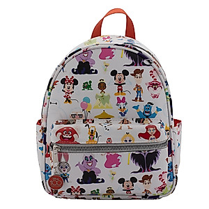 Disney 100 Mini Backpack Purse with Multi Character Allover Print & Molded Metal Logo Charm, 10.5 Inch, Adjustable Straps, Faux Leather