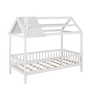 LostCat Kids House Bed,Twin Size Bed House Wood Montessori House Bed Frame with Fence and Rails, House Bed Kids Montessori Beds Playhouse Tent Bed, Solid Wood Platform Bed Frame for s, White