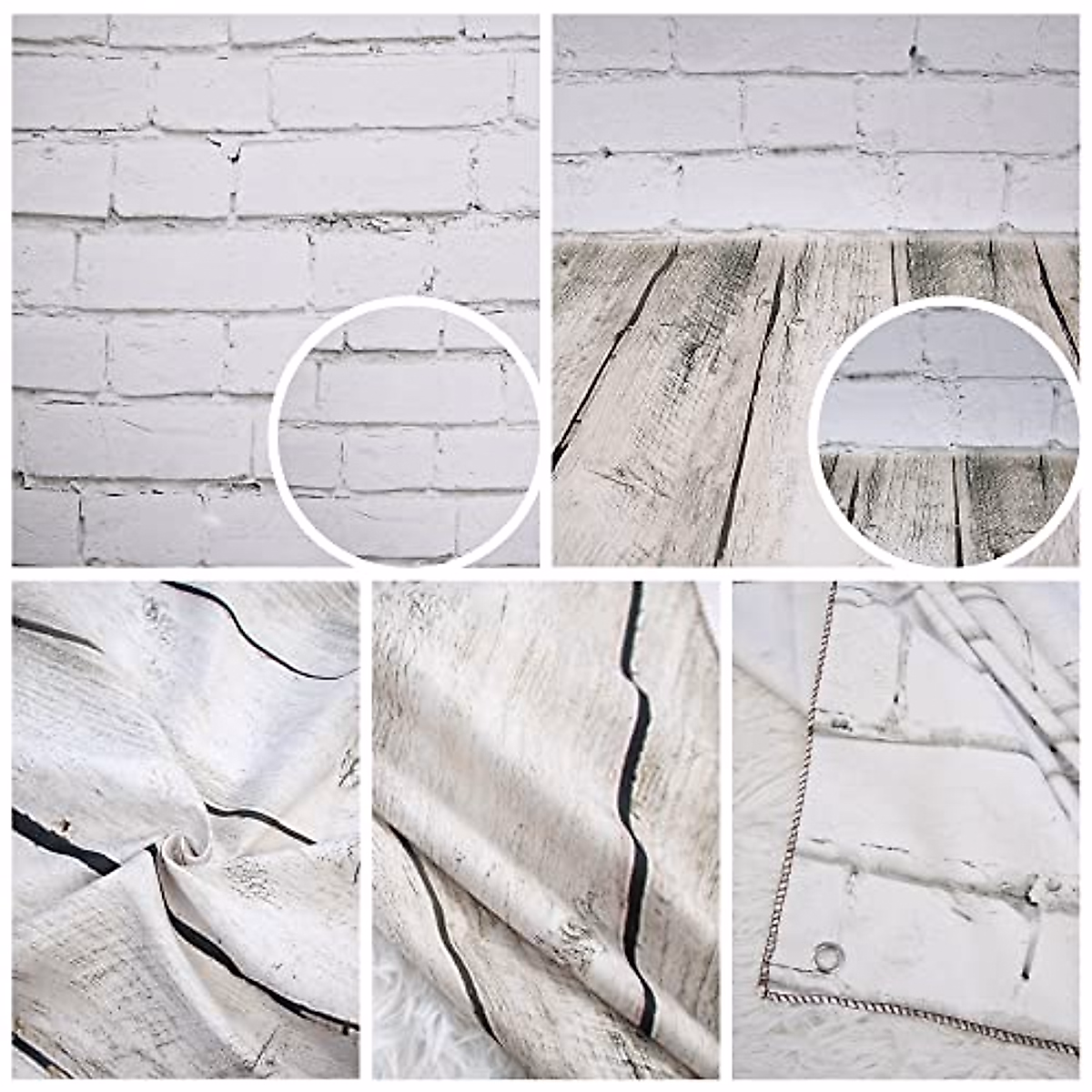 GiuMsi Polyester 5x7.7FT White Brick Wall with Wooden Floor Photography Backdrop with 3 Hooks for Baby Shower Newborn Portrait Photo Background Shoot Props