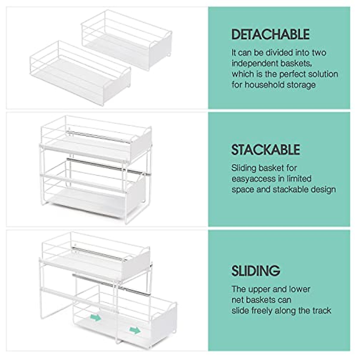 KINGRACK Stackable 2-Tier Cabinets Organizer With Sliding Storage Drawer, Pull Out Cabinets Home Organizer Shelf, Sliding Storage Basket Organizer, White