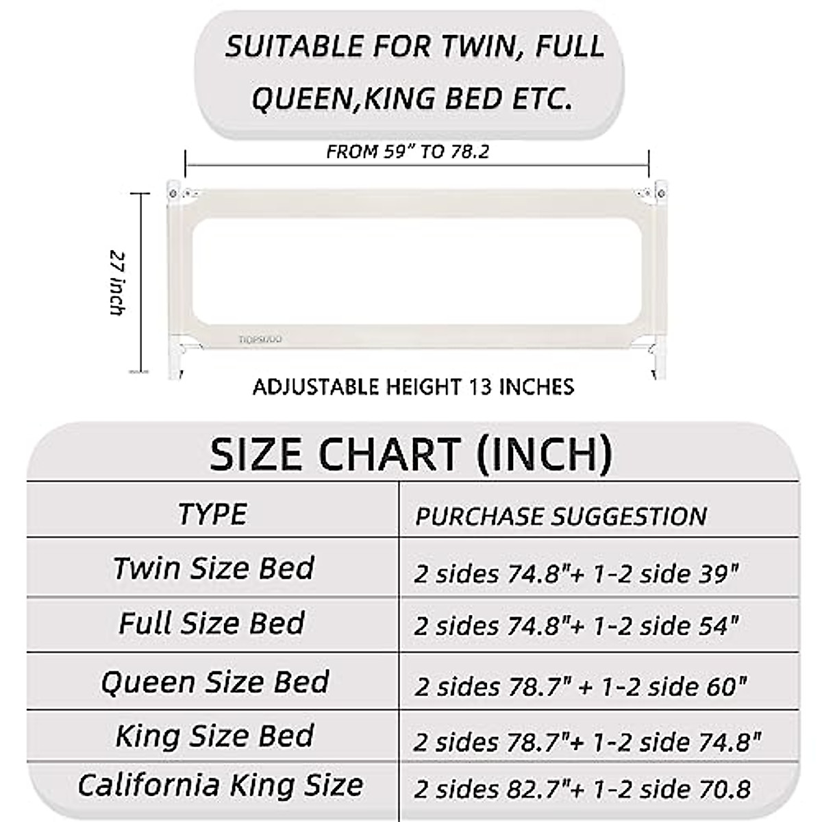 TIOPSUUO Bed Rails for Toddlers - Height Adjustable Bed Rails for Queen Bed, Bed Rails for King Size Bed Guard Rail for Toddlers, Baby Bed Rail Guard, Bed Rail for Twin Bed(1 Side 79'' ×27‘’)