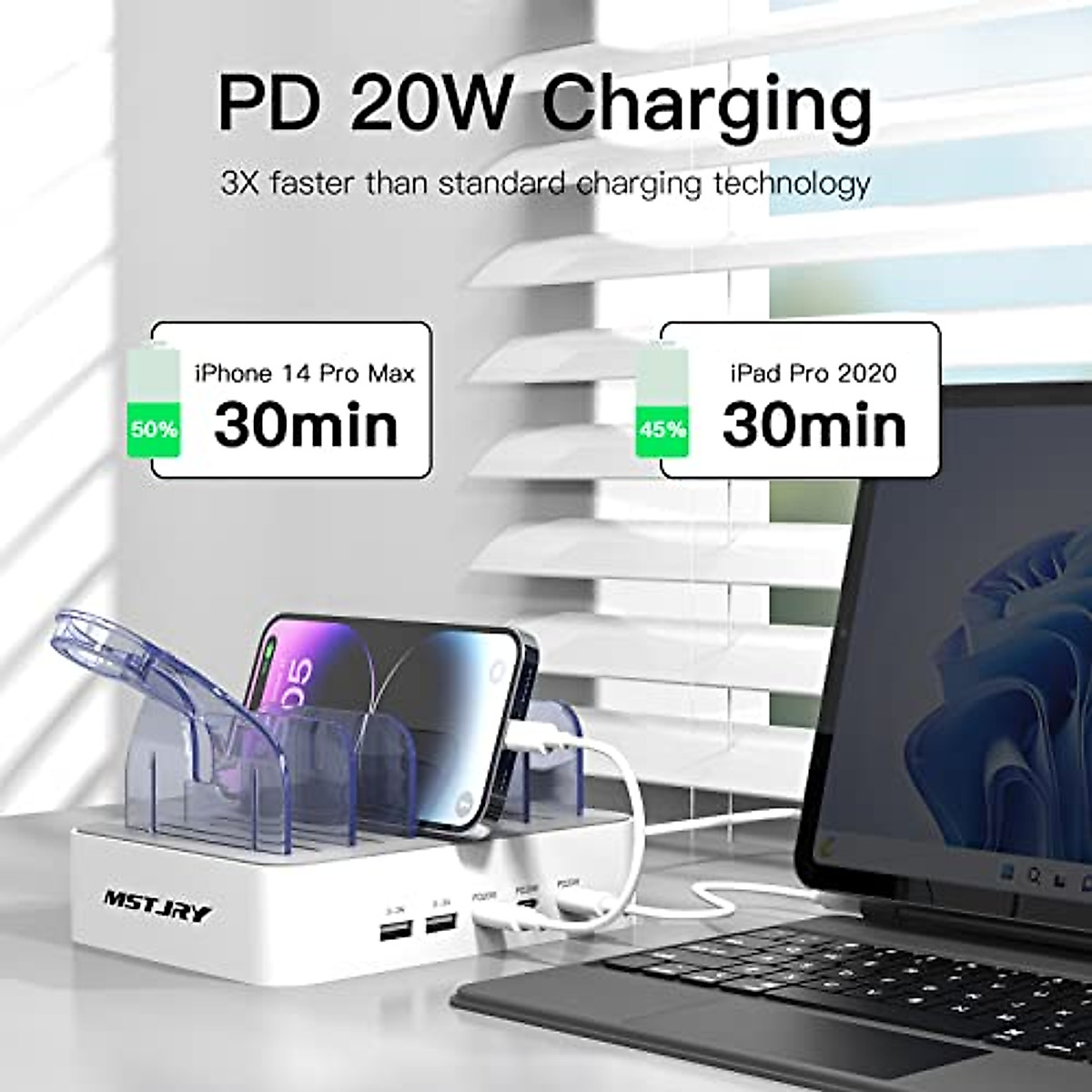 MSTJRY Fast Charging Station - USB C and USB A, 90W 5-Port PD Charger Station for Multiple Devices Apple Designed for iPad, iPhone 14 13 12 Series Galaxy Note 20 S21 S22 Tablet, Holder for Apple Watch