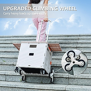 Foldable Utility Cart with Stair Climbing Wheels,Collapsible Rolling Crate with Magnetic Lid Telescopic Cover,Telescoping Handle,360° Rotate Wheel Hand Cart for Teacher Shopping Moving(Milky White)