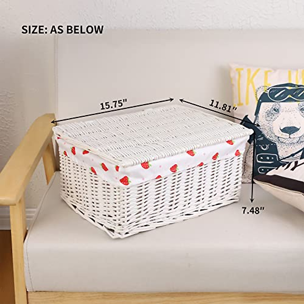 KINGWILLOW Rectangular Storage Basket, Wicker Storage Bin with Lid for Clothes Books Sundries (Strawberry Pattern Lining, Large)