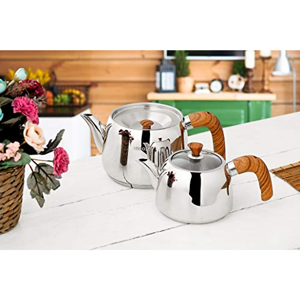 Amboss Turkish Teapot Set with Steam Lid 4 PCS Stainless Steel Wood Design Bakelite Handles Induction Compatible Turkish Tea Set