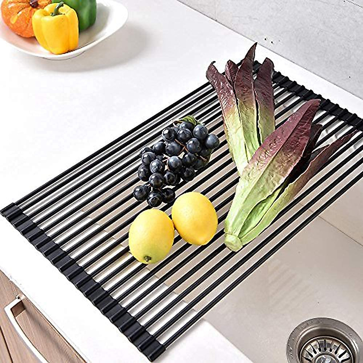 Ahyuan Large Roll up Dish Drying Rack Foldable Dish Rack Over Sink Dish Drainer Roll-up Sink Drying Rack Full Silicone Coated Stainless Still Dish Drying Rack (Matte Black)