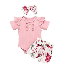Chyrbaby Infant Baby Girl Clothes Newborn Girls Outfit Ruffle Romper Ribbed Bodysuit Floral Pants Set With Headband…