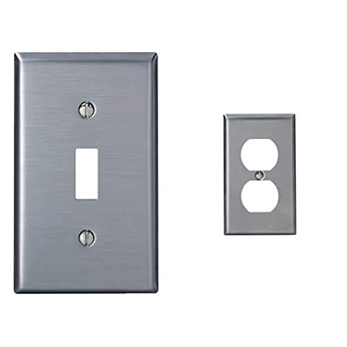 Leviton 84001-40 1-Gang Toggle Device Switch Wallplate, Device Mount, Stainless Steel and Leviton 84003-40 1-Gang Duplex Device Receptacle Wallplate, Standard Size, Device Mount, Stainless Steel
